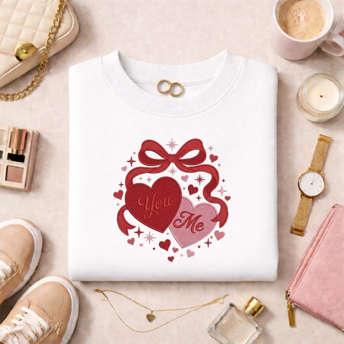 You Me Heart Embroidery Design | Valentine Love Bow Hearts | Romantic ...