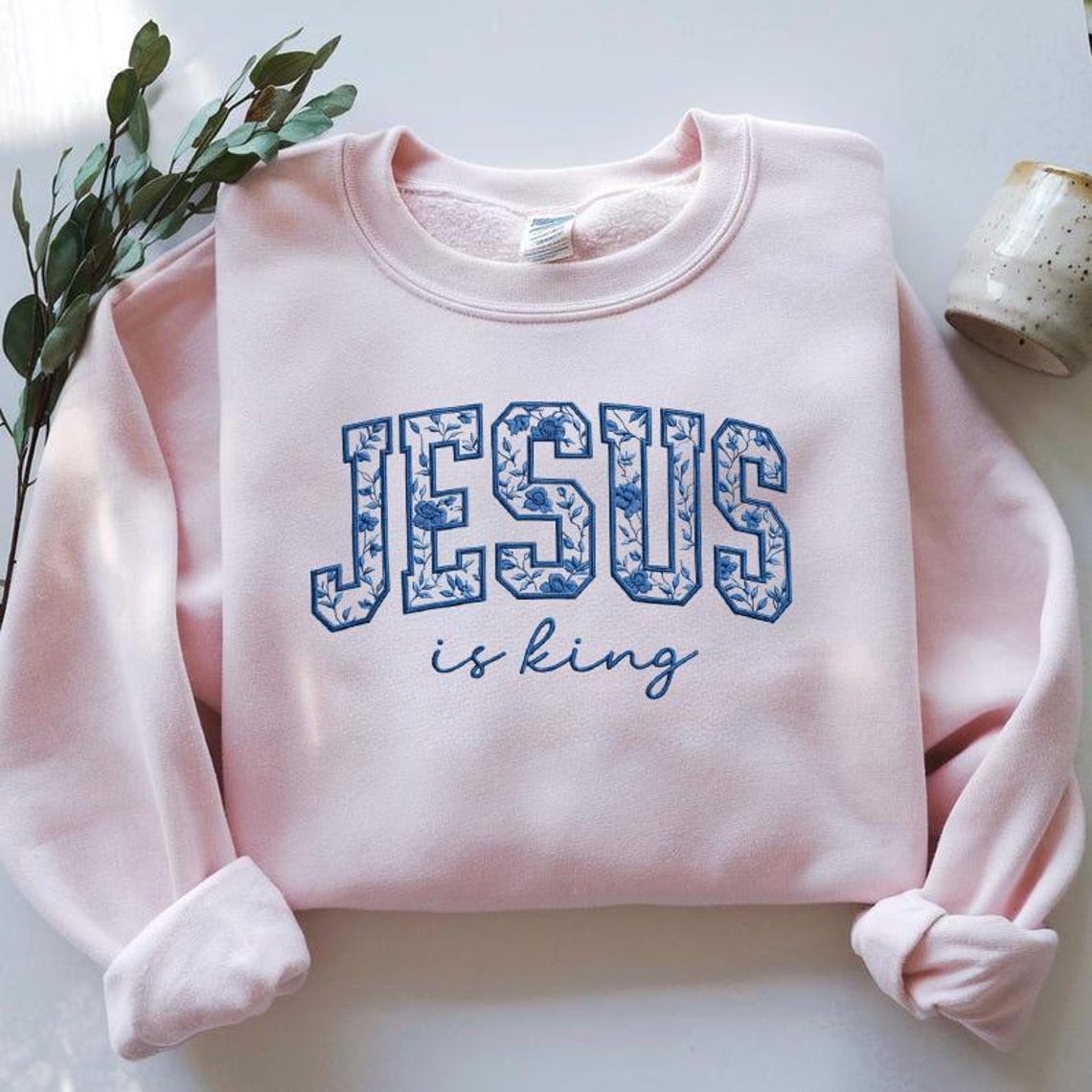Jesus is King Embroidery Design: Blue Floral Toile De Jouy Christian ...