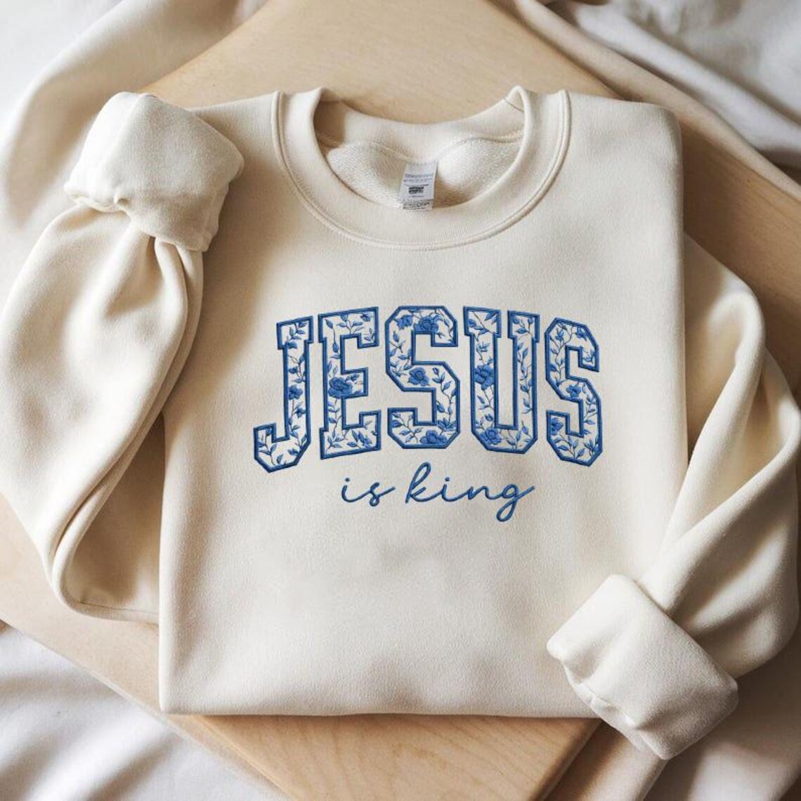 Jesus is King Embroidery Design: Blue Floral Toile De Jouy Christian ...