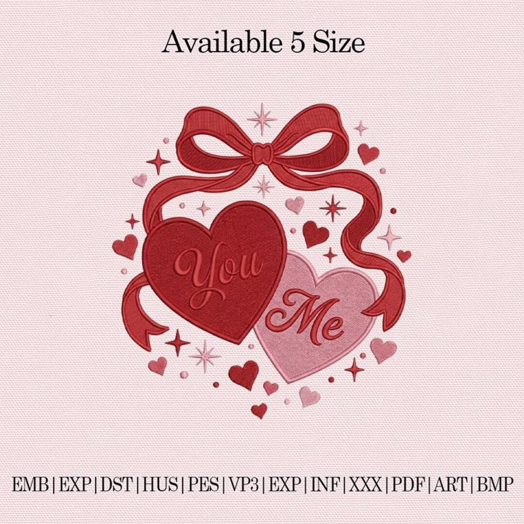You Me Heart Embroidery Design | Valentine Love Bow Hearts | Romantic ...