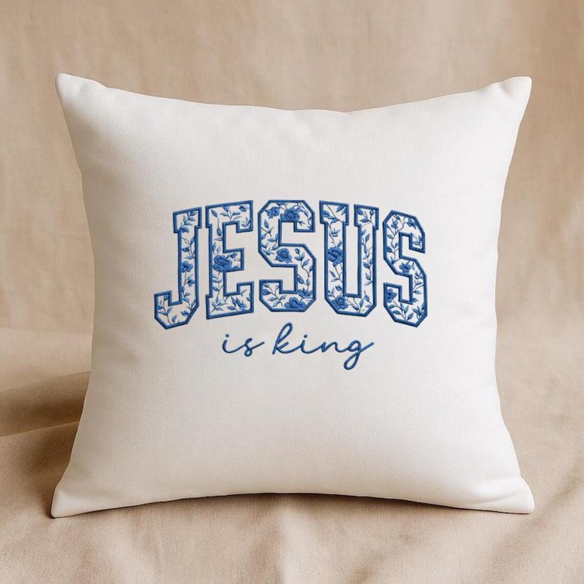 Jesus is King Embroidery Design: Blue Floral Toile De Jouy Christian ...