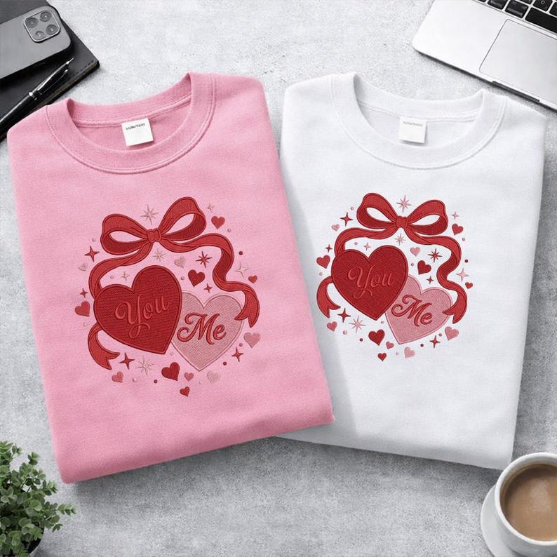 You Me Heart Embroidery Design | Valentine Love Bow Hearts | Romantic ...
