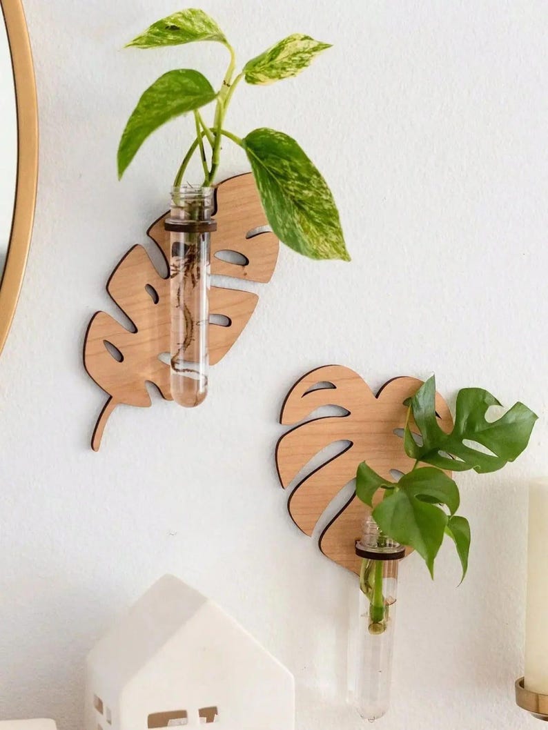 Leaf Shape Wall Planter With Test Tube Vase – Wooden Hanging ...