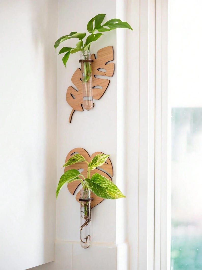 Leaf Shape Wall Planter With Test Tube Vase – Wooden Hanging ...