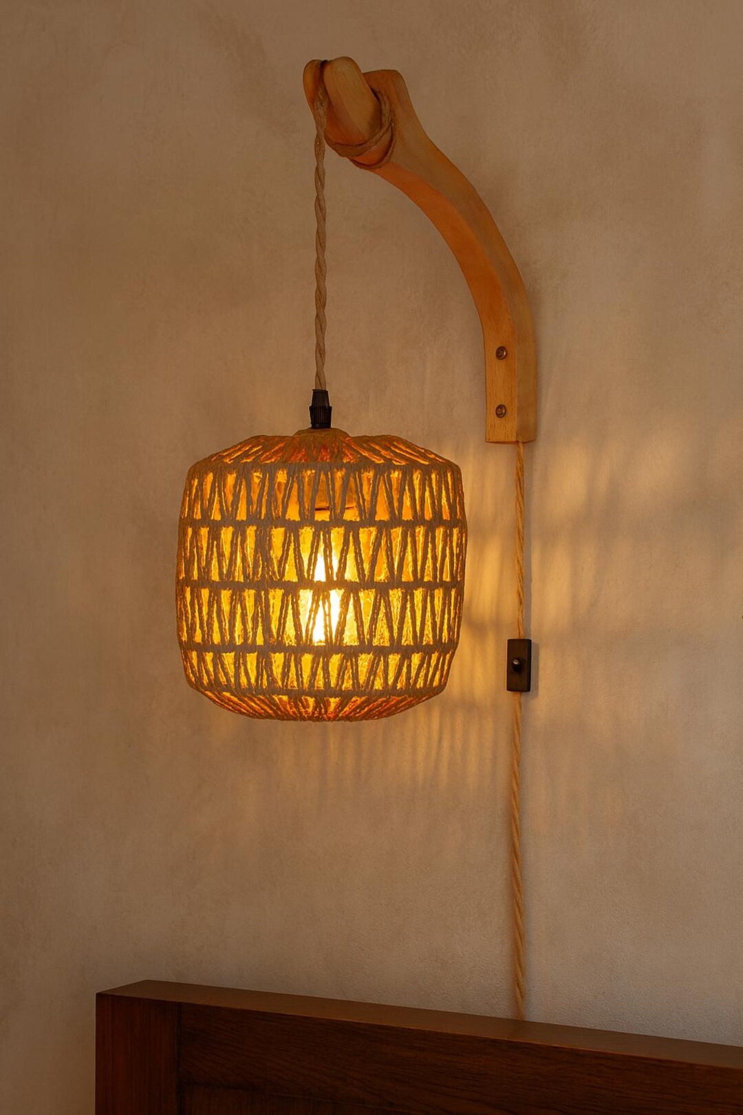 Jute Wall Sconce Handmade Natural Beige Boho Coastal Wood Bedside Lamp ...
