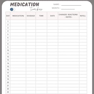 Daily Medication Log, and Printable Chart. Track Monthly Medications Using Date, Time, Dosage ...