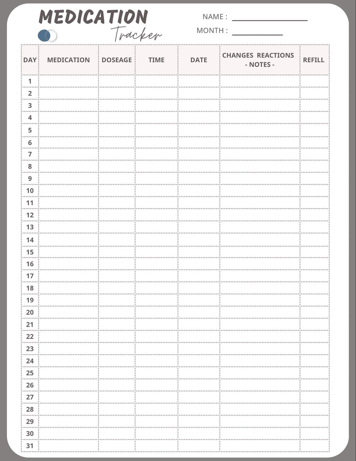 Daily Medication Log, and Printable Chart. Track Monthly Medications ...