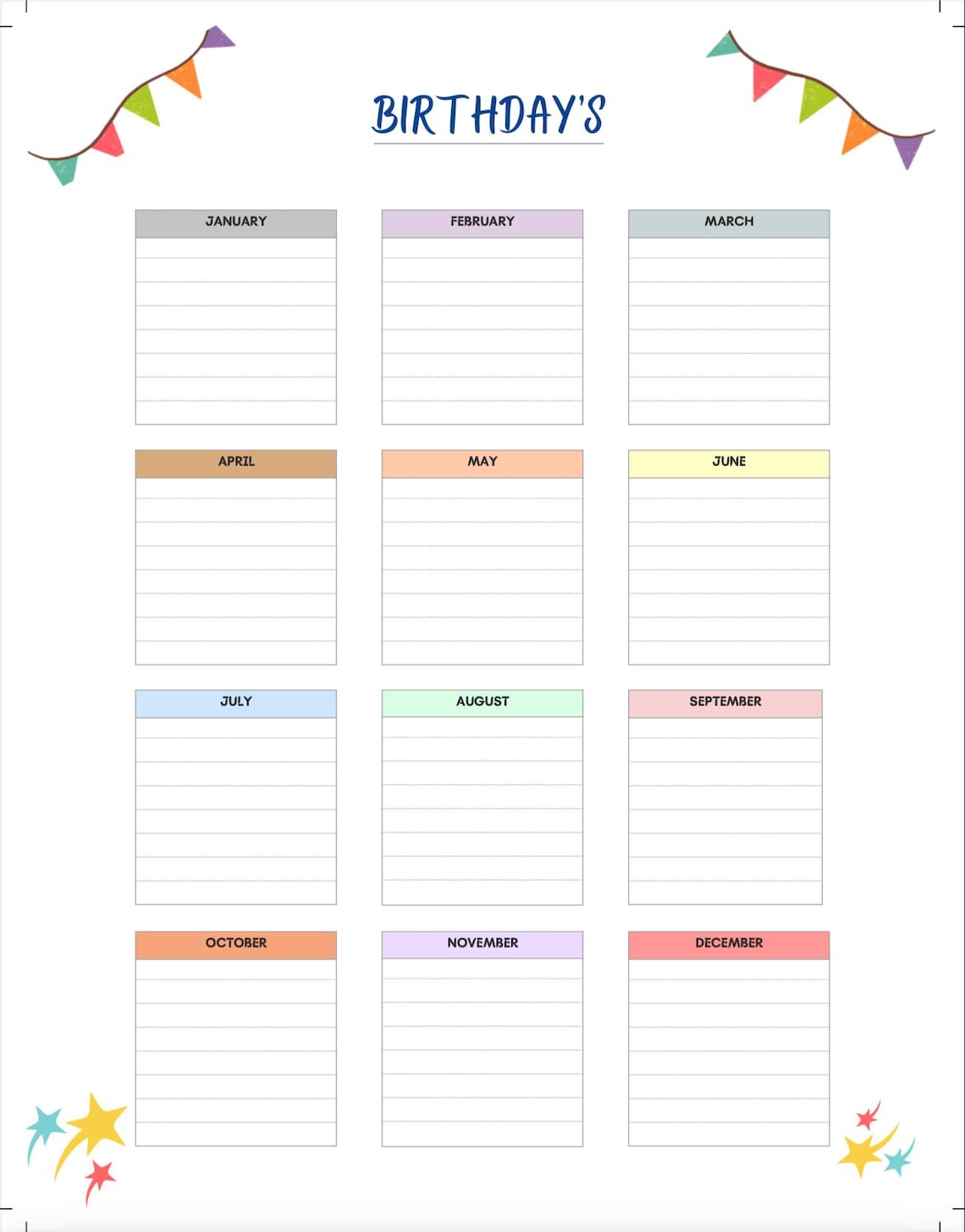 Printable Birthday Chart, Yearly Birthday Log (digital Download) - Etsy