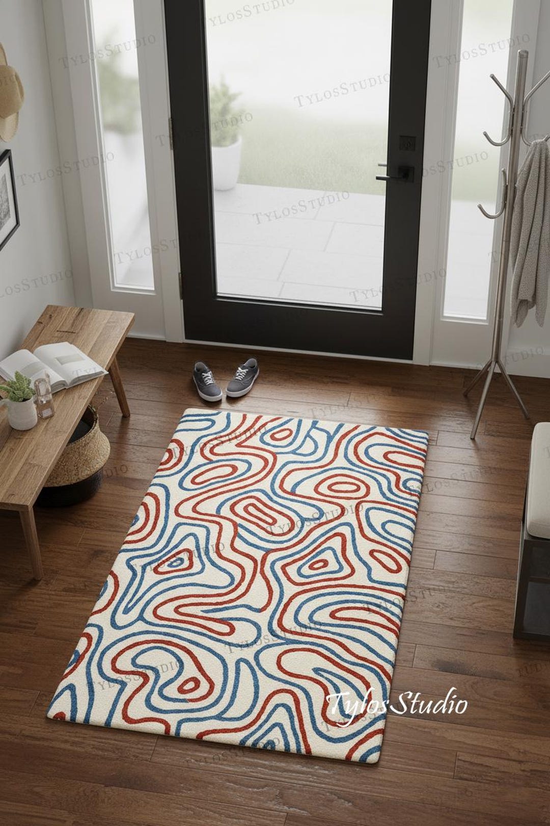 Hand Tufted Abstract Rug, Topographic Contour Wool Carpet, Red and Blue ...
