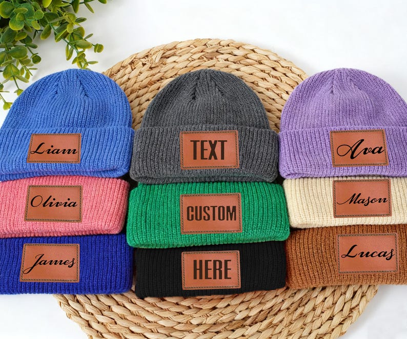Custom Knitted Hat, Personalized Name Engraved Leather Patch Beanie ...