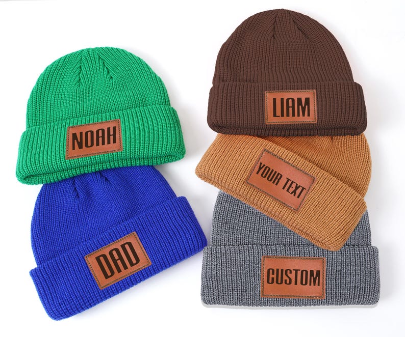 Custom Knitted Hat, Personalized Name Engraved Leather Patch Beanie ...