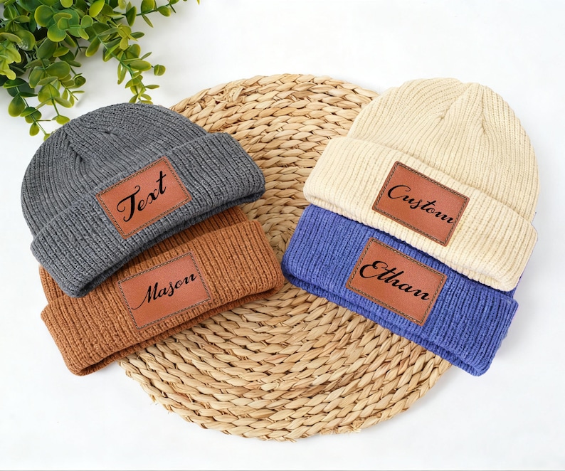 Custom Knitted Hat, Personalized Name Engraved Leather Patch Beanie ...