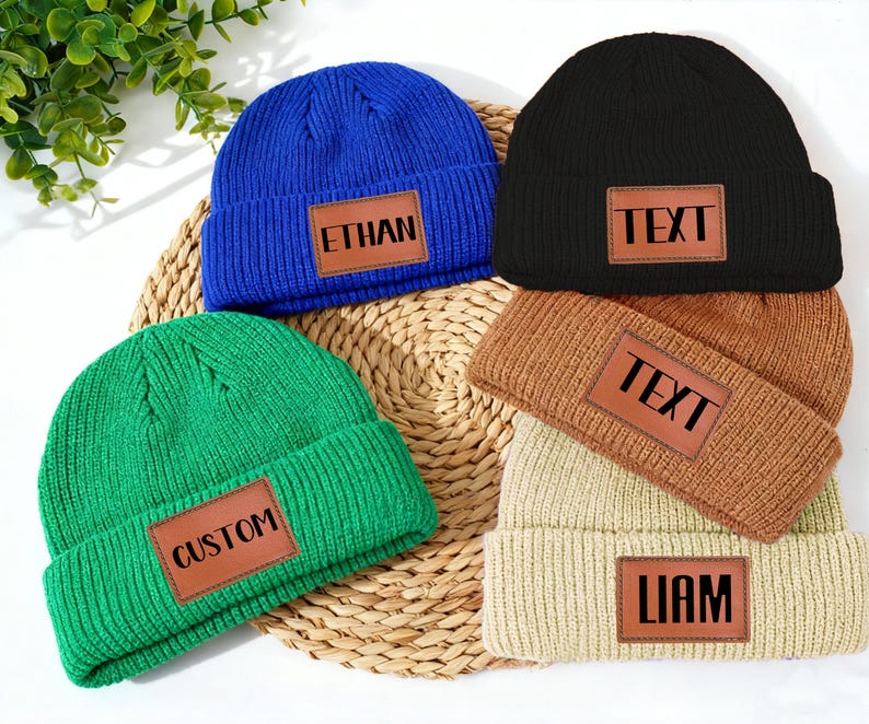 Custom Knitted Hat, Personalized Name Engraved Leather Patch Beanie ...
