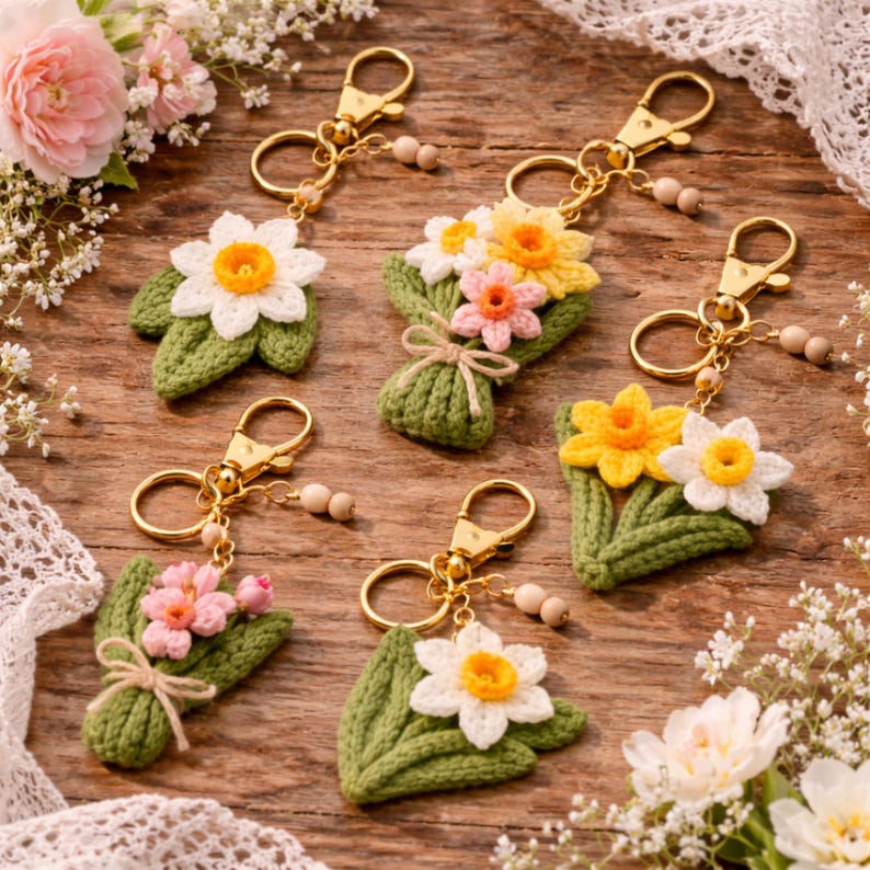 Crochet Narcissus Flower Keychain – Handmade Daffodil Keychain ...