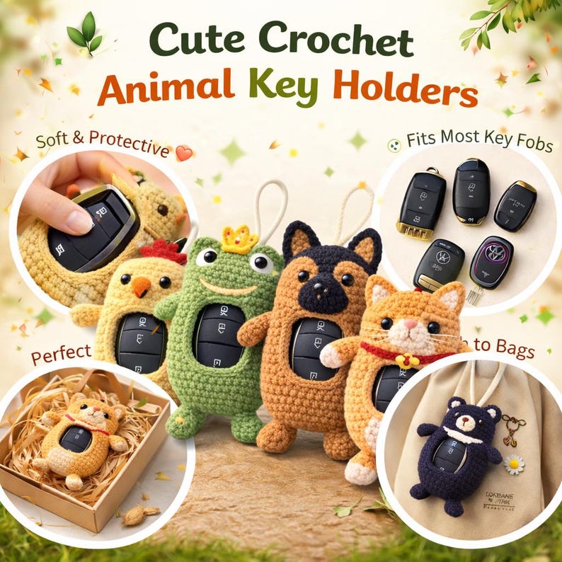 Crochet Cat Key Cover - Cute Amigurumi Key Fob Case, Handmade Smart Key ...