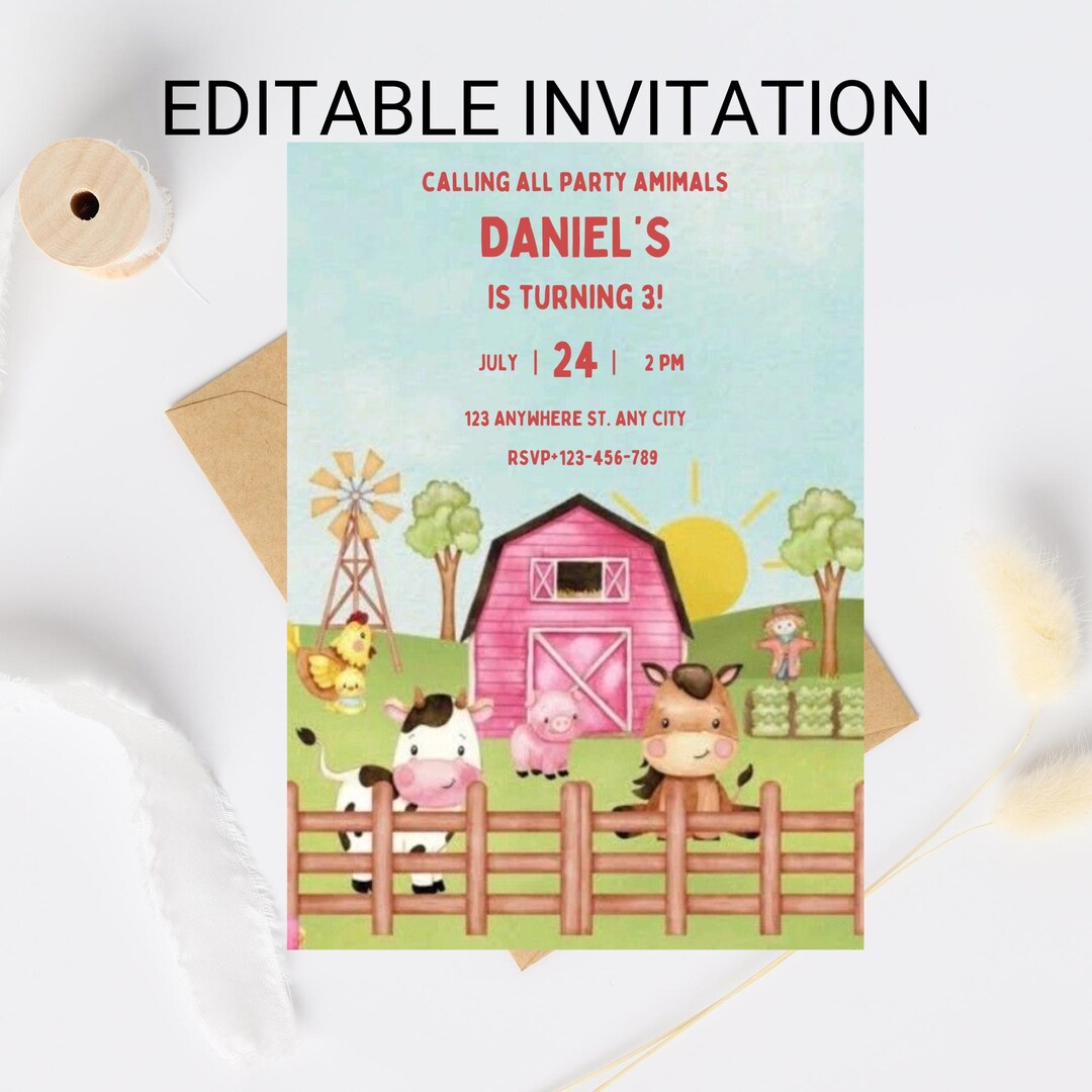 Editable Farm Animals Birthday Invitation Template (digital Download ...