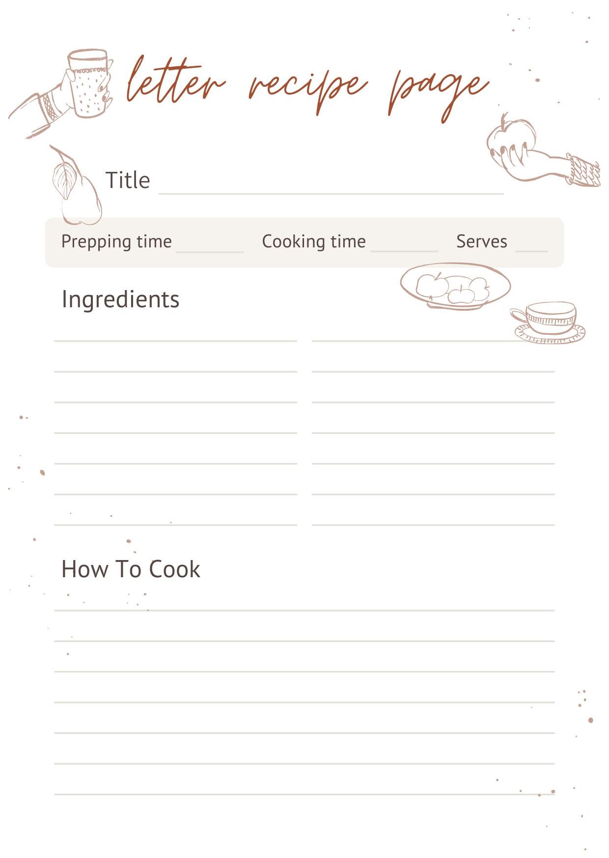 Letter Recipe Page, Editable Recipe Page, A5 Recipe Page, Recipe Page ...