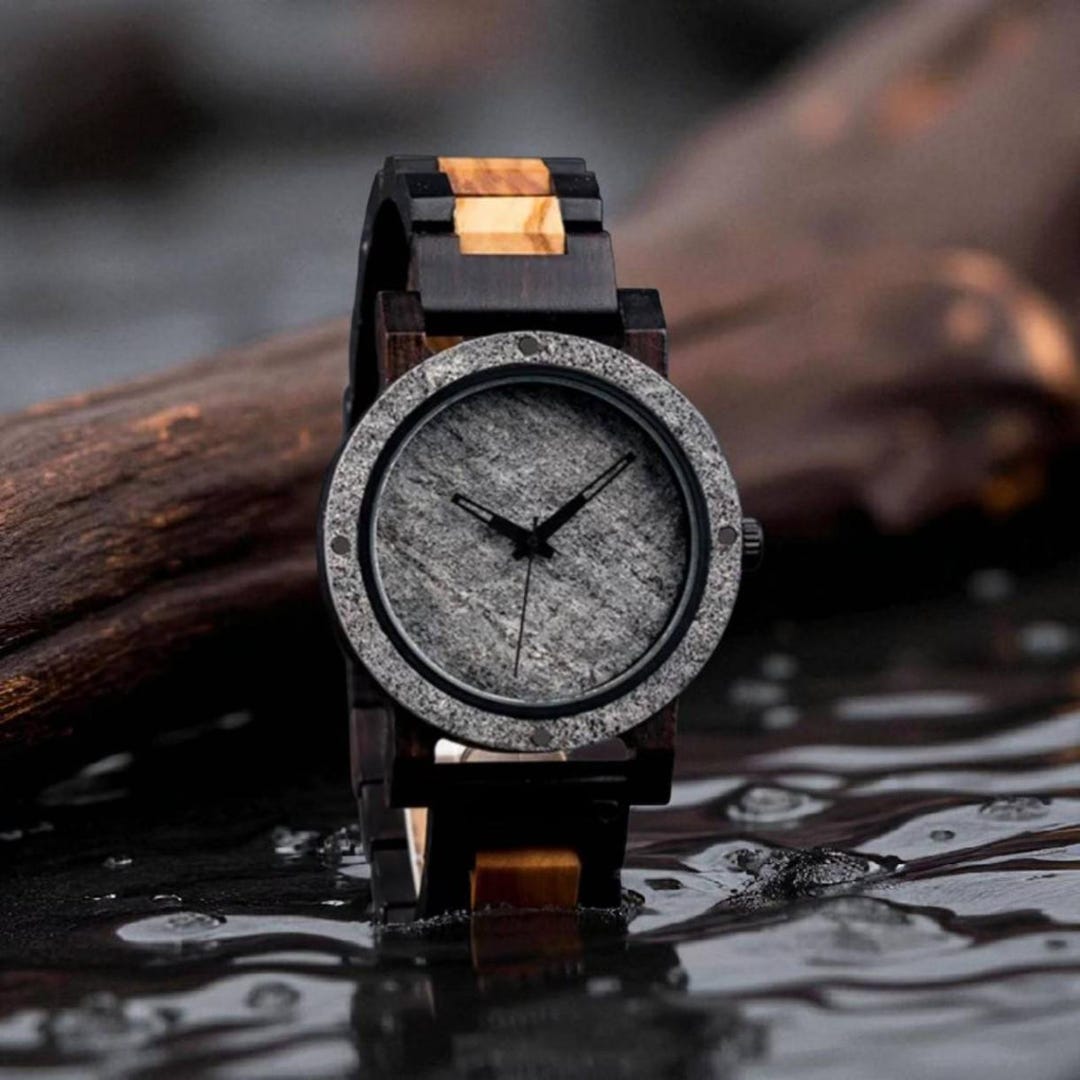 Engraved Wooden Men's Watch: Stone Dial Quartz Wristwatch - Etsy
