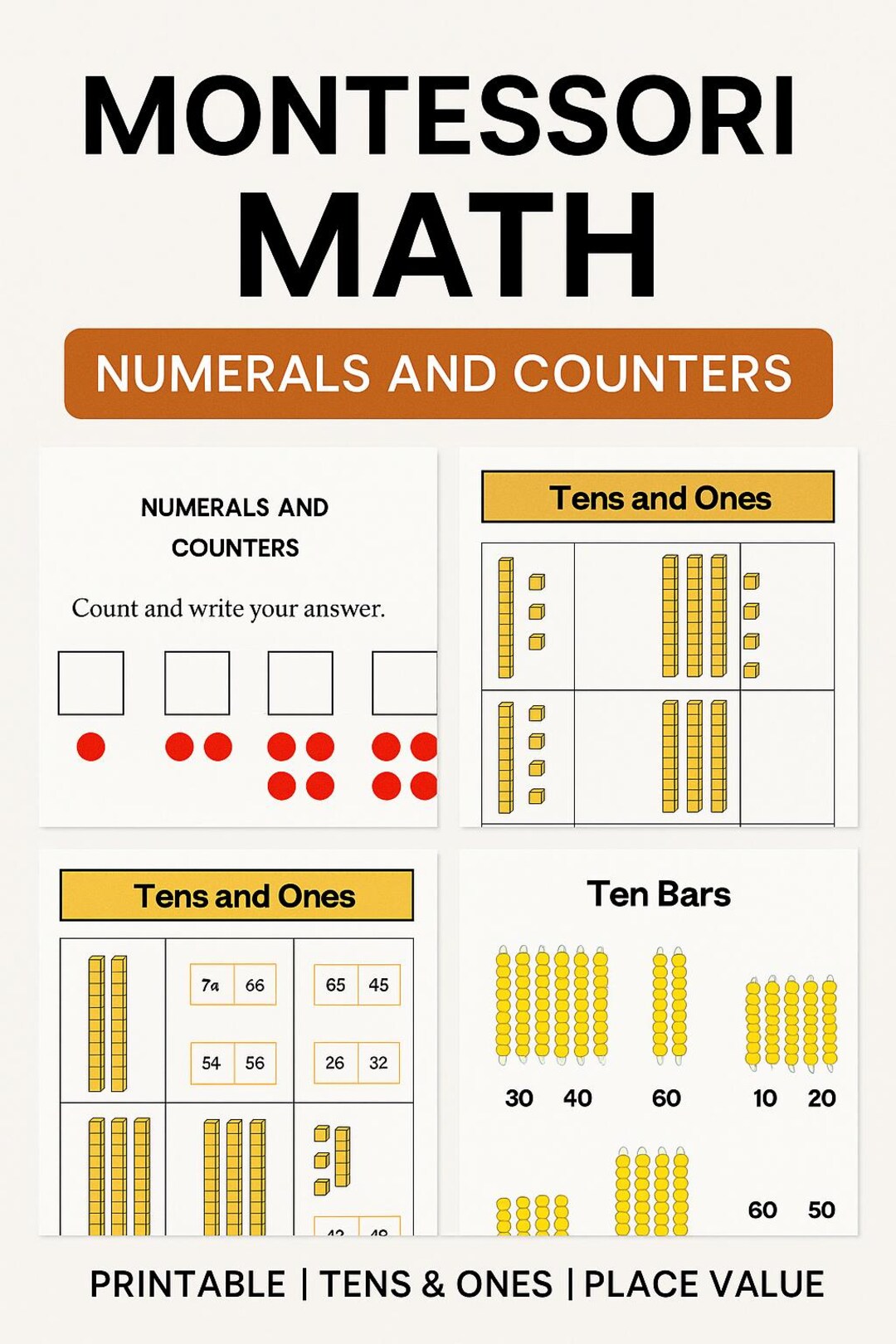 Montessori Math Printable | Tens & Ones, Numerals Counters Worksheets ...