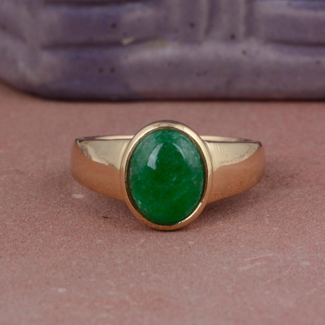 Green Jade Brass Ring – Oval Green Gemstone Ring for Women, Polished ...