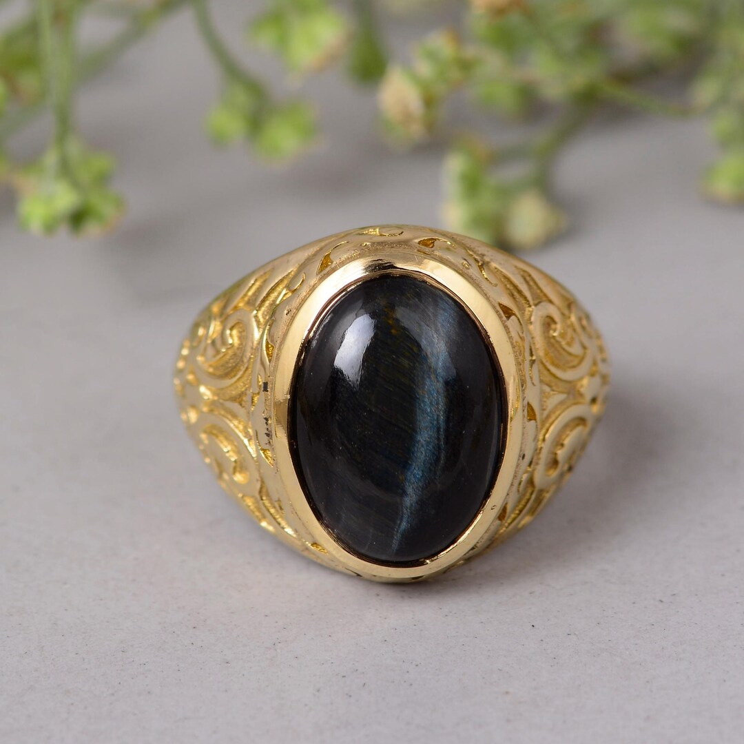 Blue Tiger Eye Signet Ring, Brass Filigree Mens Ring, Oval Gemstone ...