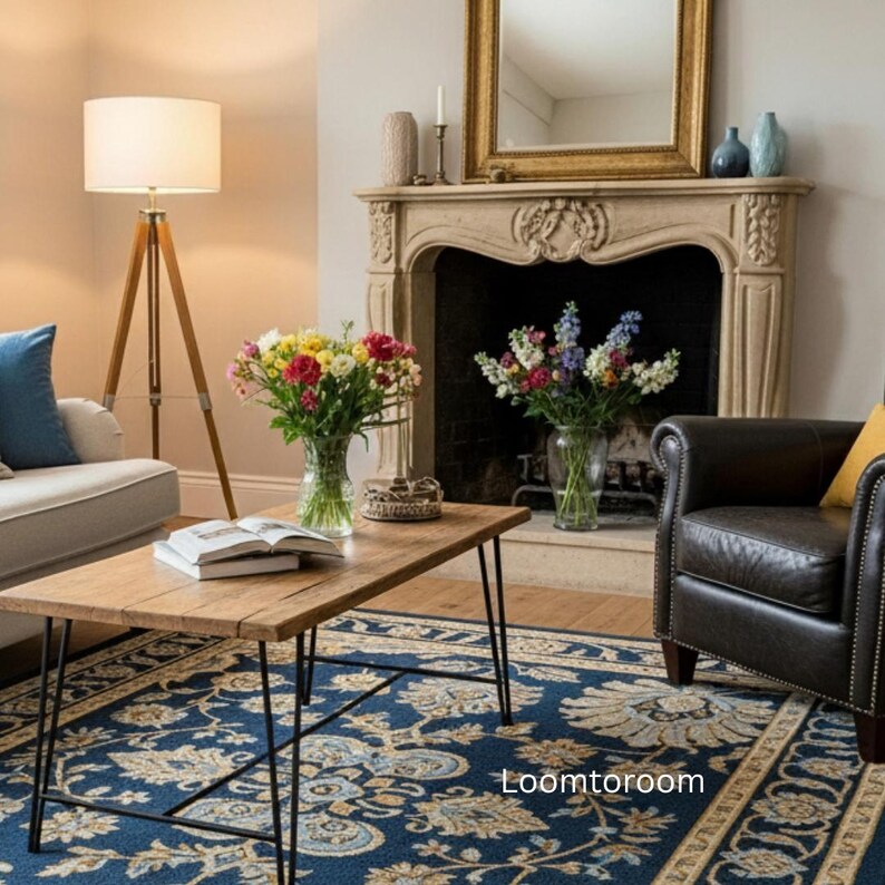 Hand-tufted Wool Area Rug | Navy Blue & Gold Persian Style, 9x12 5x8 ...