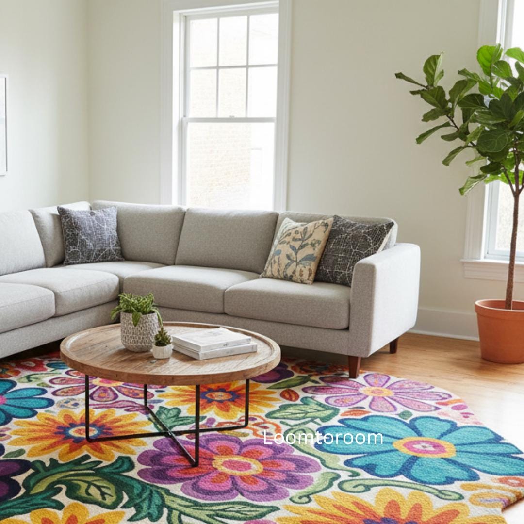 Colorful Floral Area Rug | Modern Hand-tufted Wool Rug | Funky Flower ...