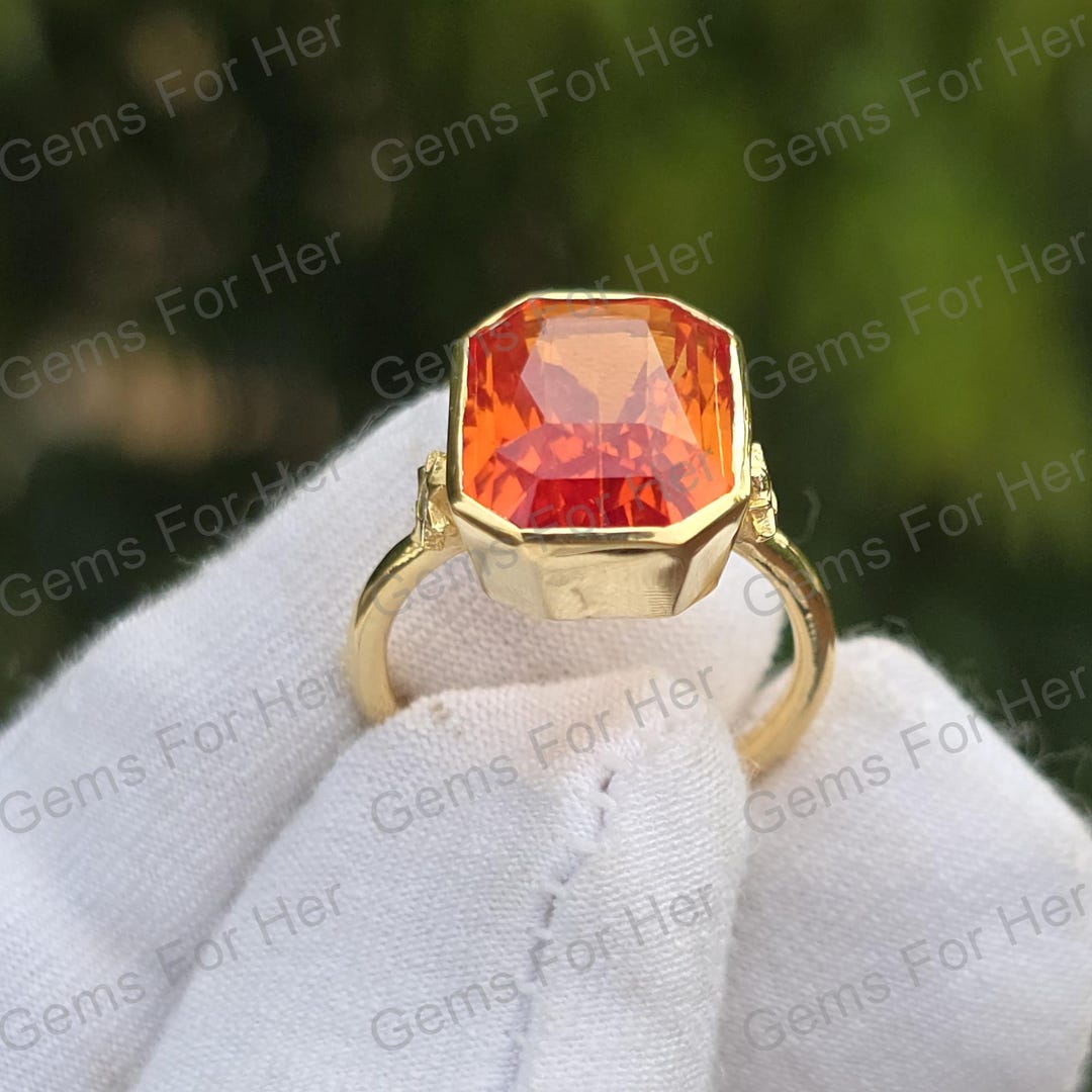Emerald Cut Orange Sapphire Ring | 14k Yellow Gold Vintage Style - Etsy