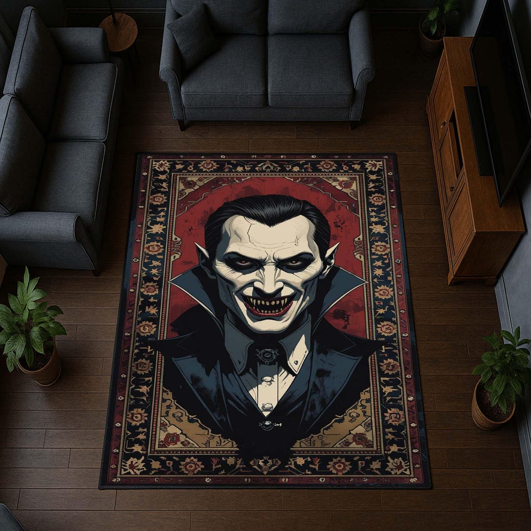 Gothic Vampire Rug - Dracula Fangs Chenille Carpet | Blood Red ...
