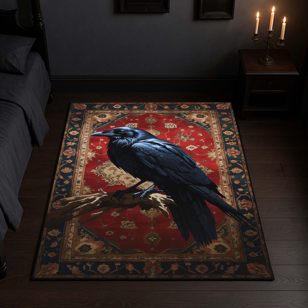 Gothic Raven Rug – Oriental Victorian Area Rug With Black Crow ...