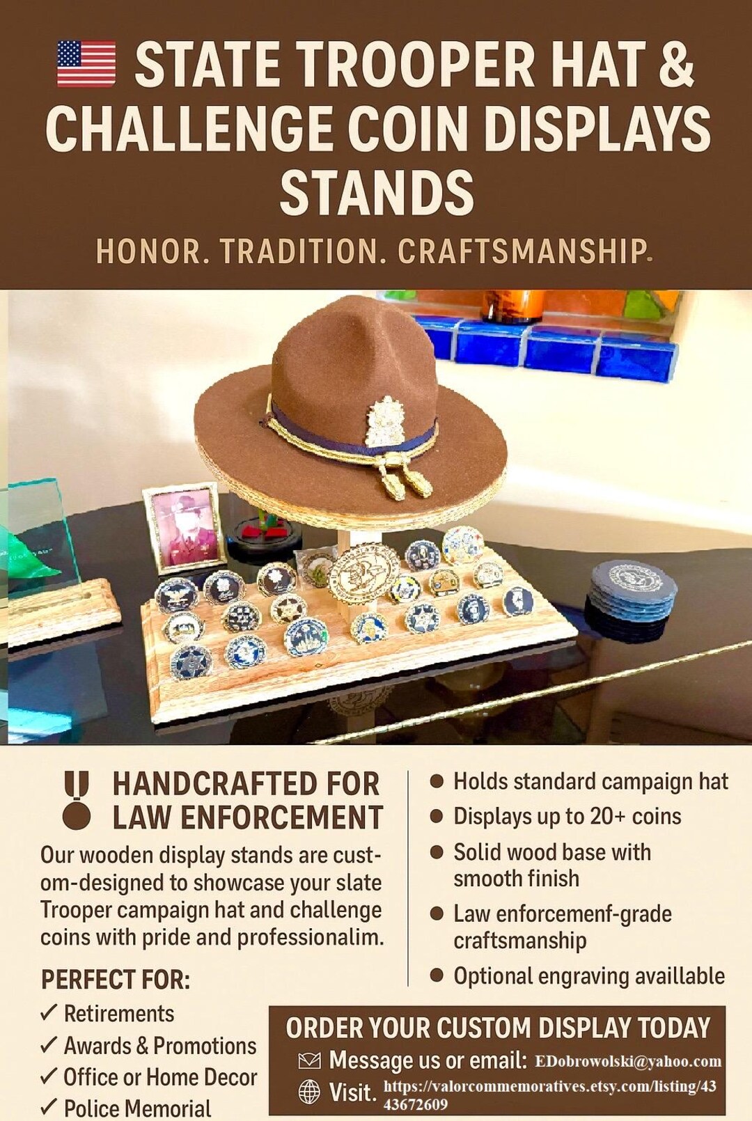 Handcrafted Wooden State Trooper Hat & Challenge Coin Display - Law ...
