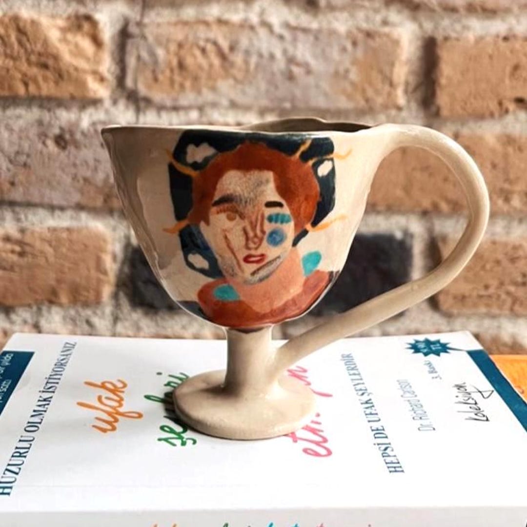 Handmade Ceramic Mug With Abstract Woman Illustration – Beige Stoneware ...