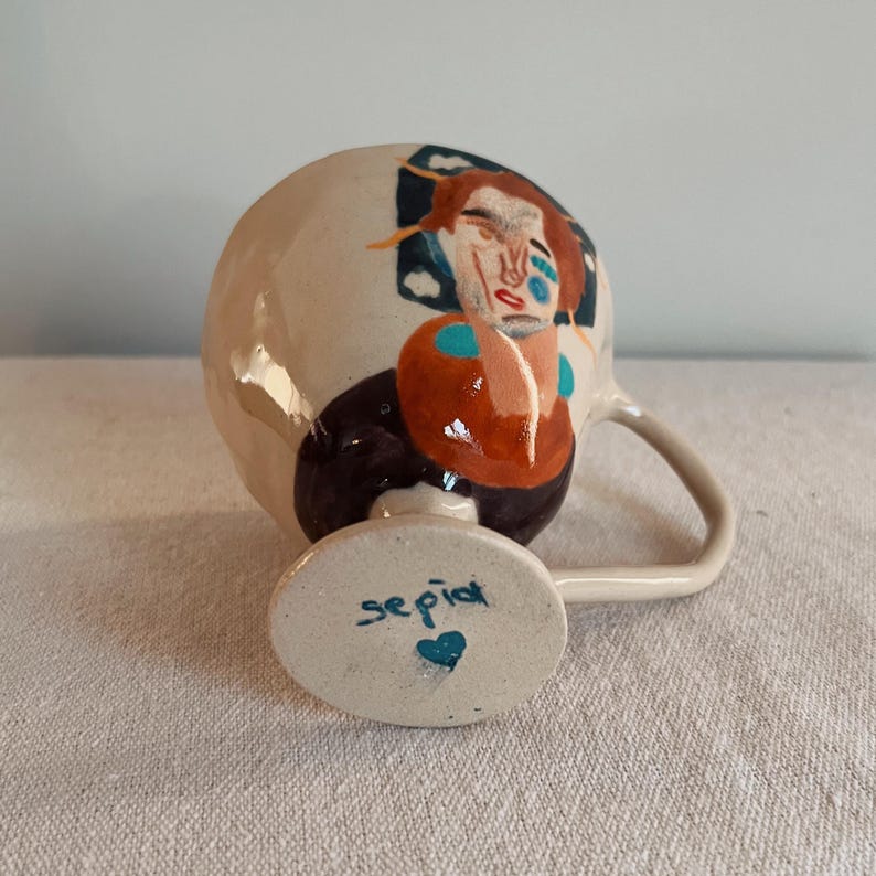Handmade Ceramic Mug With Abstract Woman Illustration – Beige Stoneware ...