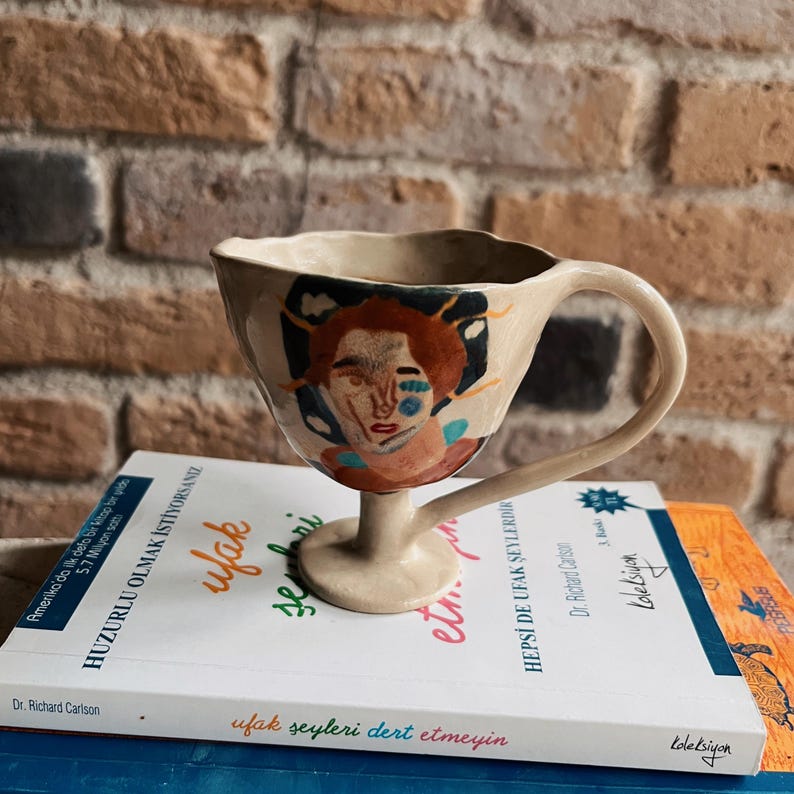 Handmade Ceramic Mug With Abstract Woman Illustration – Beige Stoneware ...