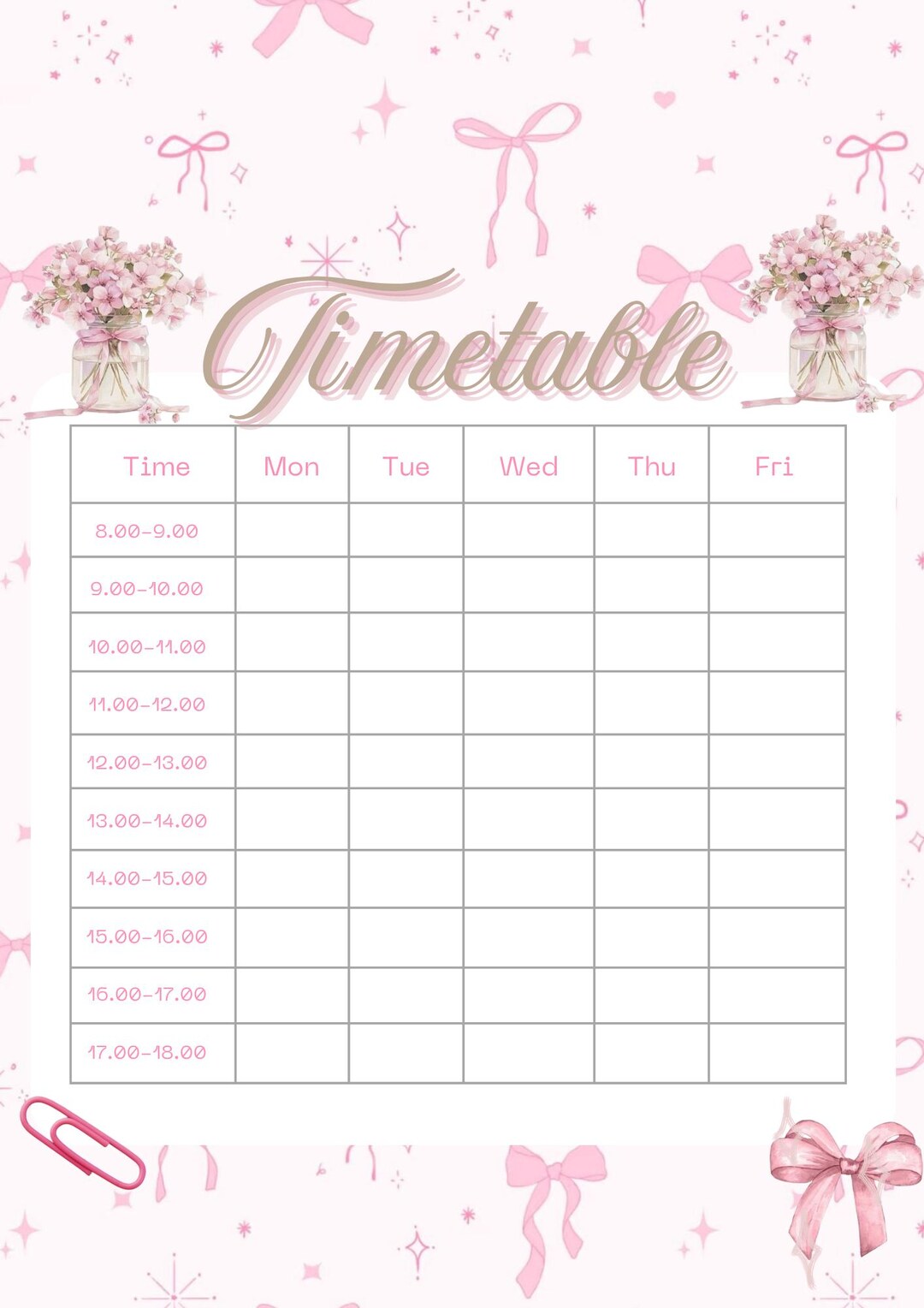 Pink Timetable Printable -cute Bow and Floral Aesthetic Schedule Chart ...