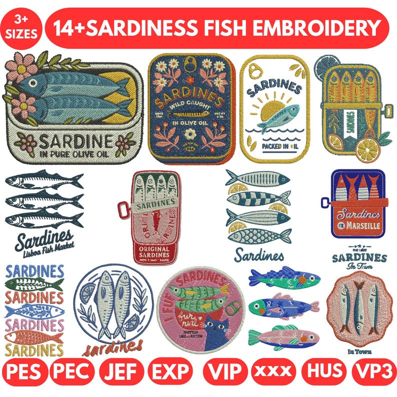 Sardines Can Embroidery Designs Bundle Sardine Trio Embroidery Ocean ...