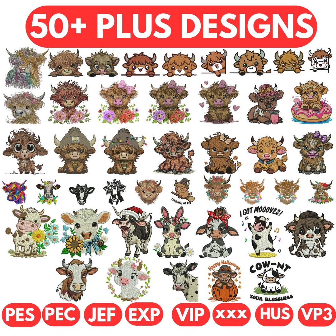 Floral Highland Cow Embroidery Designs Bundle: Instant Download - Etsy