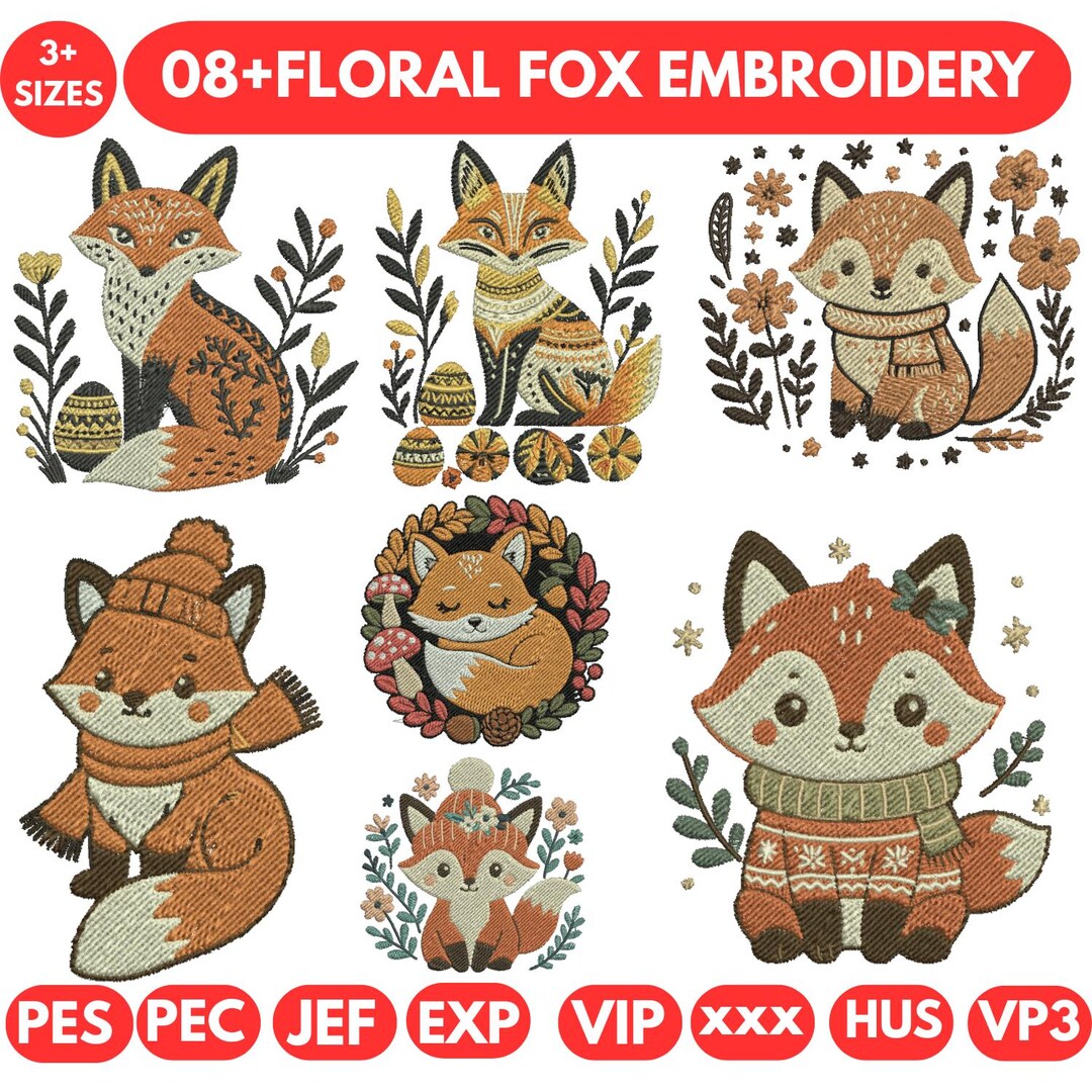 Floral Fox Embroidery Machine Design Bundle Cute Fox Embroidery Designs ...