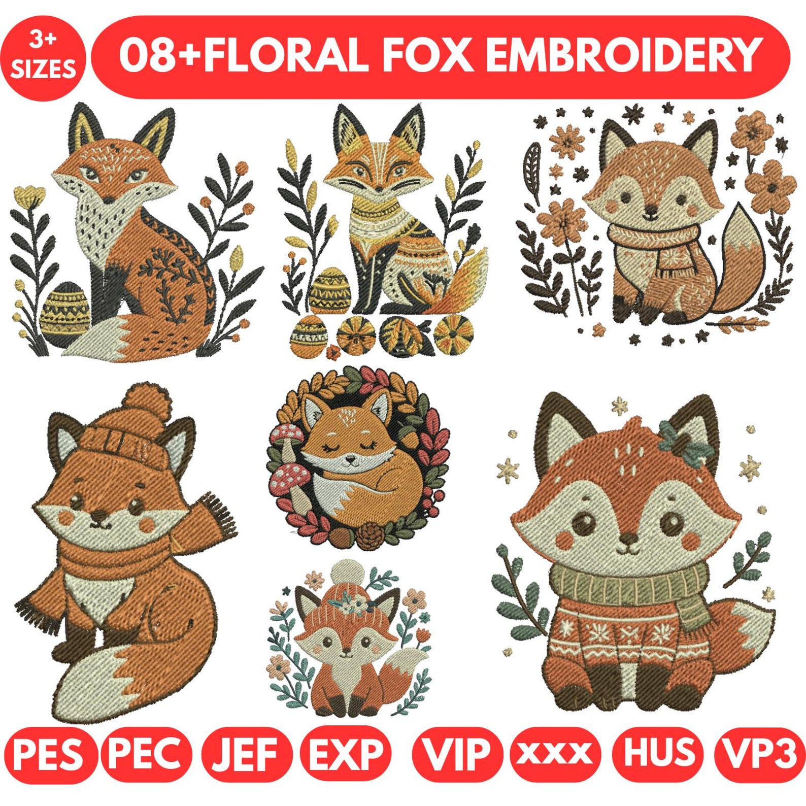 Floral Fox Embroidery Machine Design Bundle Cute Fox Embroidery Designs ...