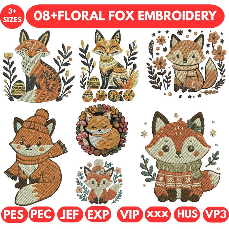 Floral Fox Embroidery Machine Design Bundle Cute Fox Embroidery Designs ...