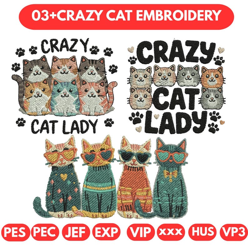 Crazy Cat Lady Machine Embroidery Design Bundle Funny Cat Embroidery ...