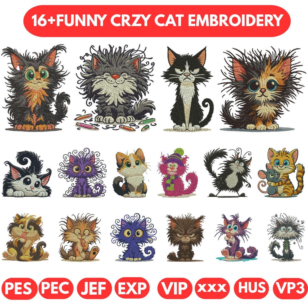 Funny Cat Machine Embroidery Design Crazy Floral Cat Design Frazzled ...