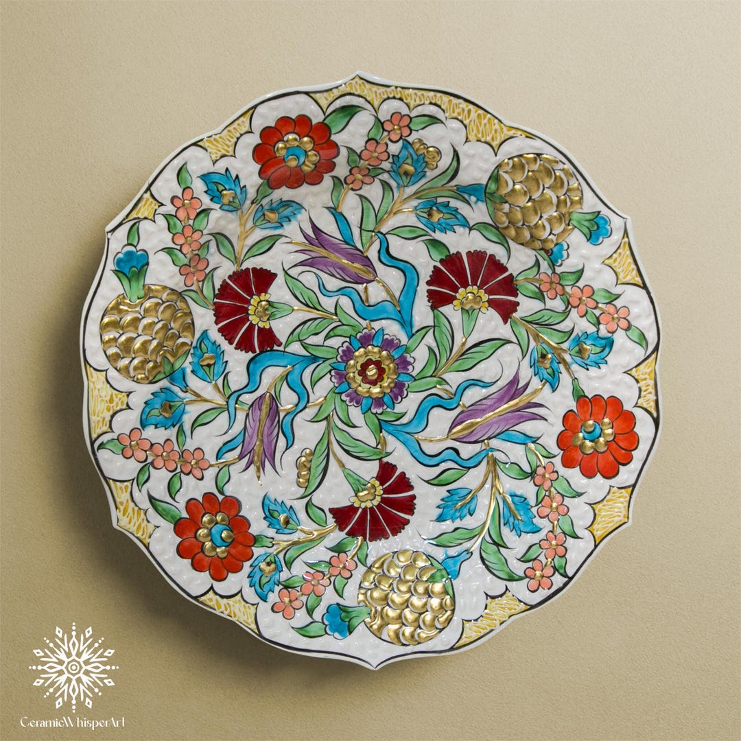 Hand-painted Turkish Iznik Ceramic Plate, Floral Gold Accent, Home ...