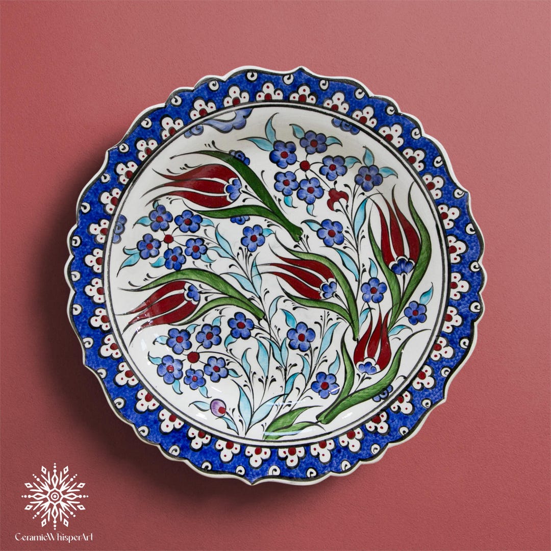 Hand Painted Turkish Ceramic Wall Plate, 30 Cm 12 Inch, Blue Red Tulip ...