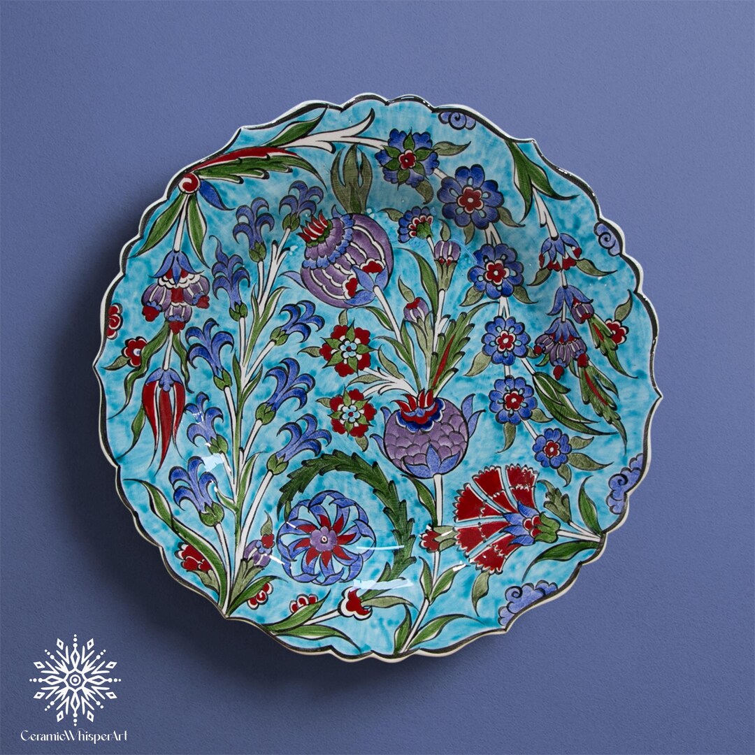 Hand Painted Turkish Ceramic Plate, Turquoise Background Floral Design ...