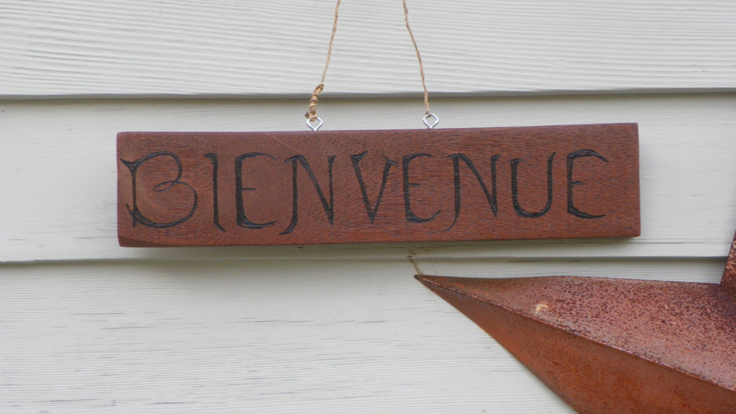 Bienvenue-welcome Sign on Mahogany Outdoor Pyrography Sign for Anywhere ...