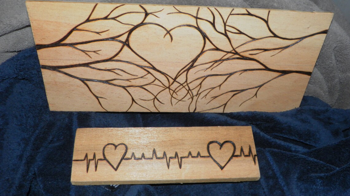 Ekg-two Hearts Connected Pyrography Original Design on Cedar - Etsy