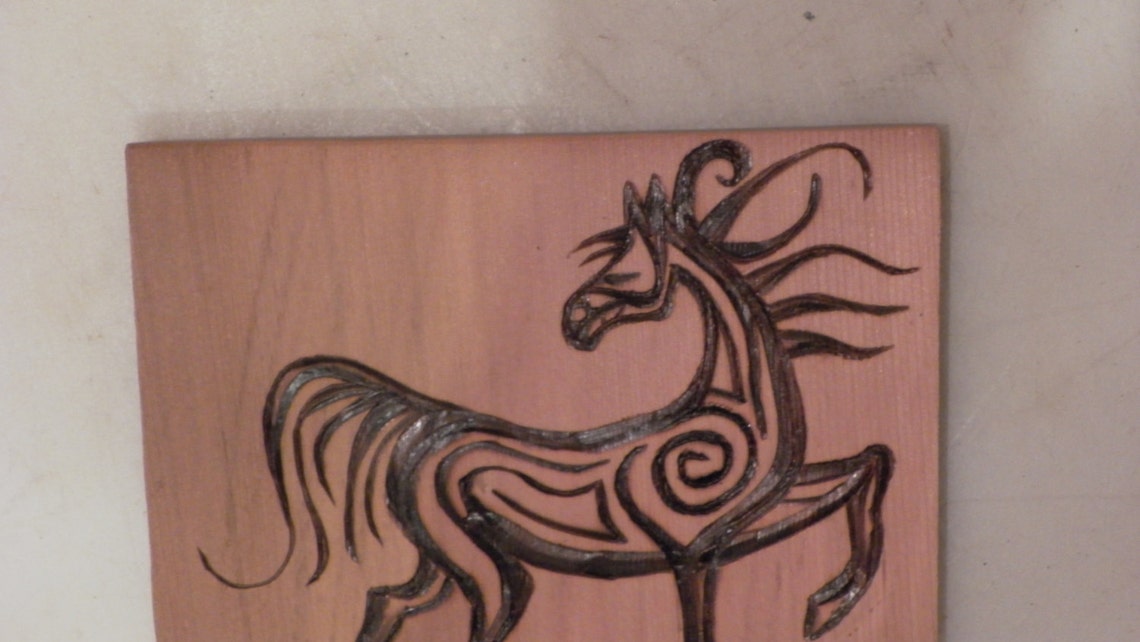 Tribal horse portrait wall art pyrography re-purposed cedar | Etsy