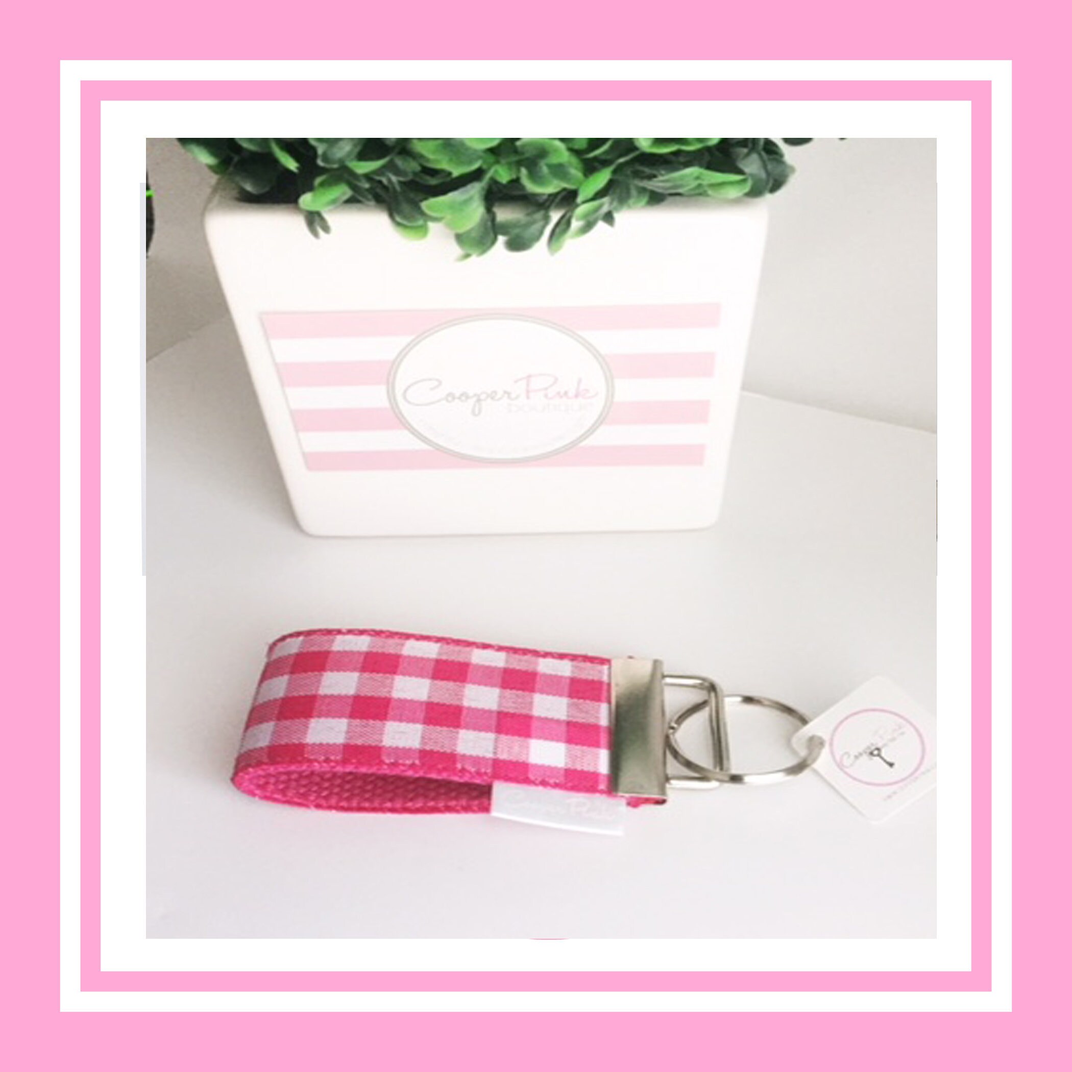 Hot Pink Gingham Mini Keyfob / Wristlet Keychain / Preppy Style Keyring ...