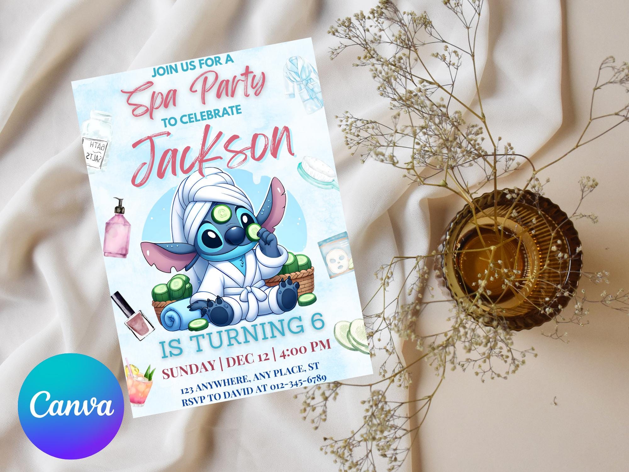 Personalized Stitch Spa Party Invitation: Editable Birthday Invite (PDF ...